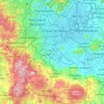 Mexico City topographic map, elevation, relief